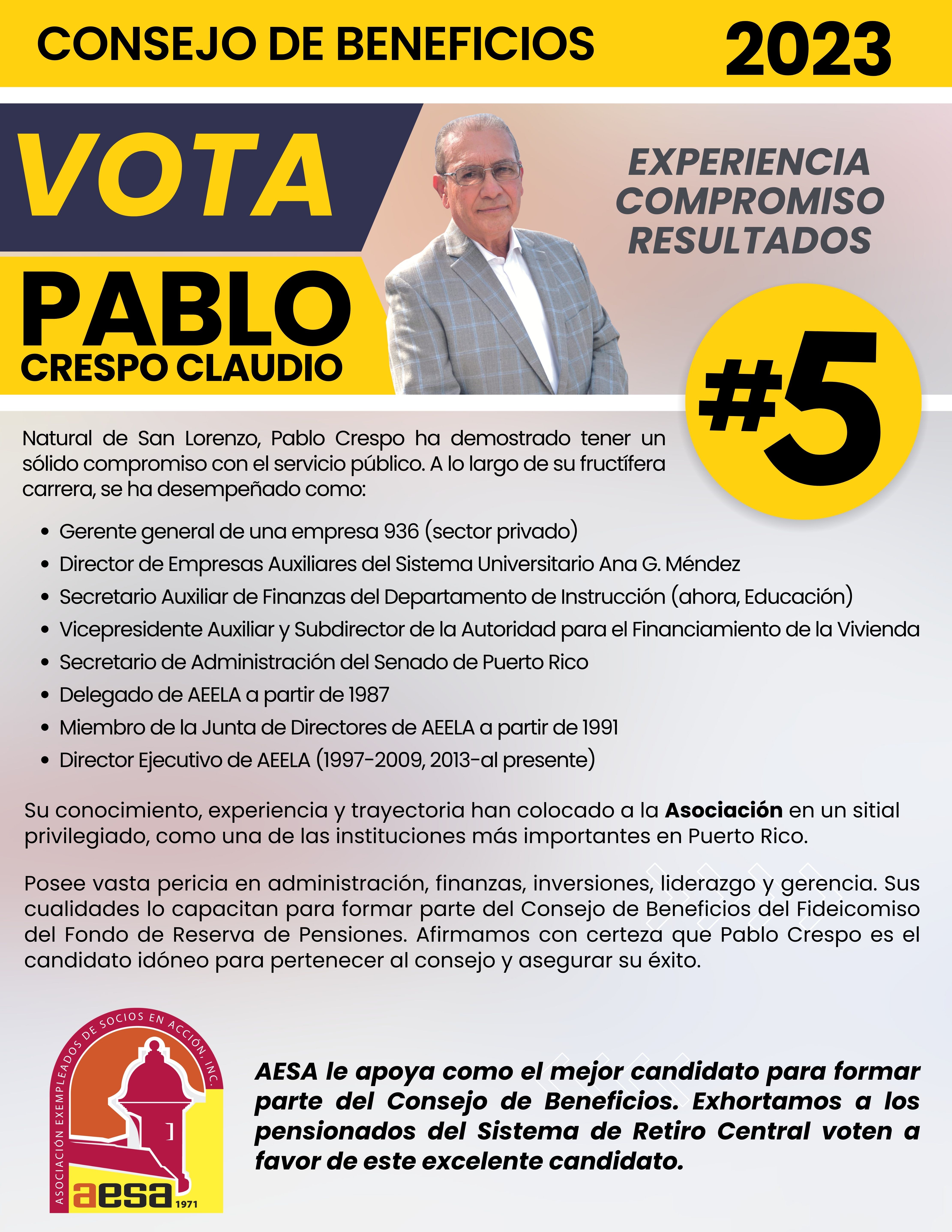 Vota #5 Pablo Crespo Claudio para el Consejo de Beneficios – AESA